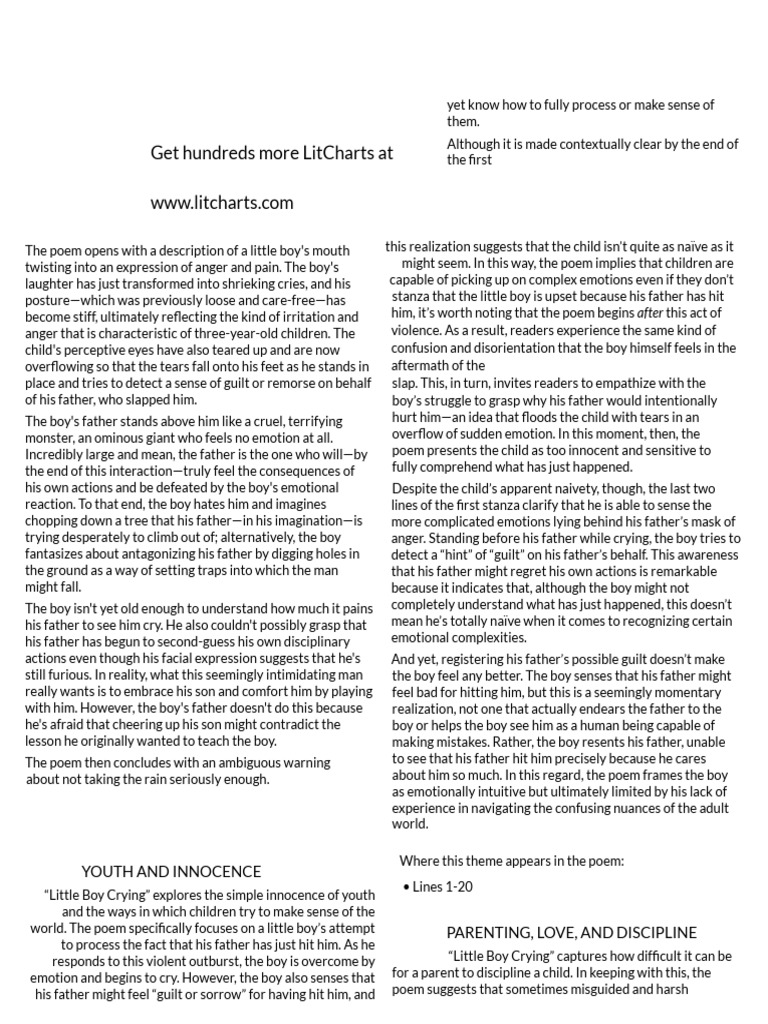 Little Boy Crying by Mervyn Morris LitCharts Notes | PDF | Poetry | Rhyme