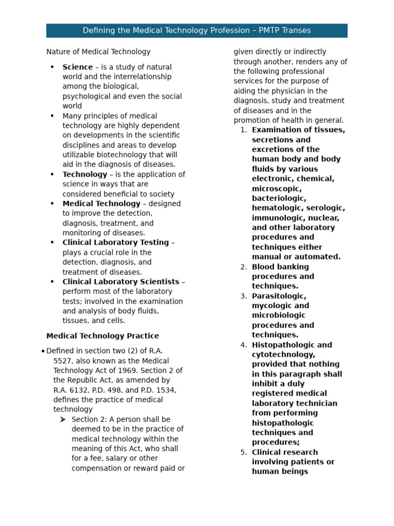 Defining The Medical Technology Profession PMTP Transes | PDF ...