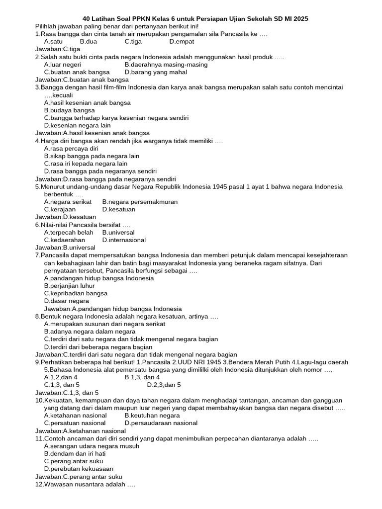 40 Latihan Soal PPKN Kelas 6 Untuk Persiapan Ujian Sekolah SD MI 2025 | PDF