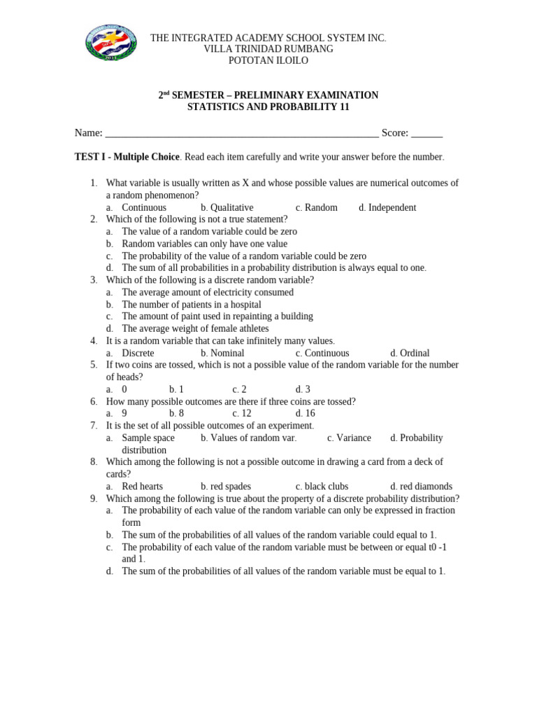 2nd SEMESTER STATS EXAM | PDF | Probability Distribution | Variance