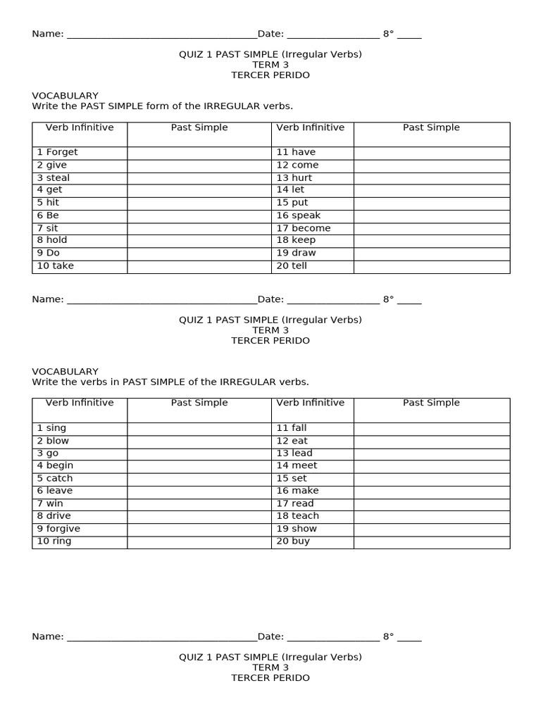 8TH Quiz Irregular Verbs | PDF