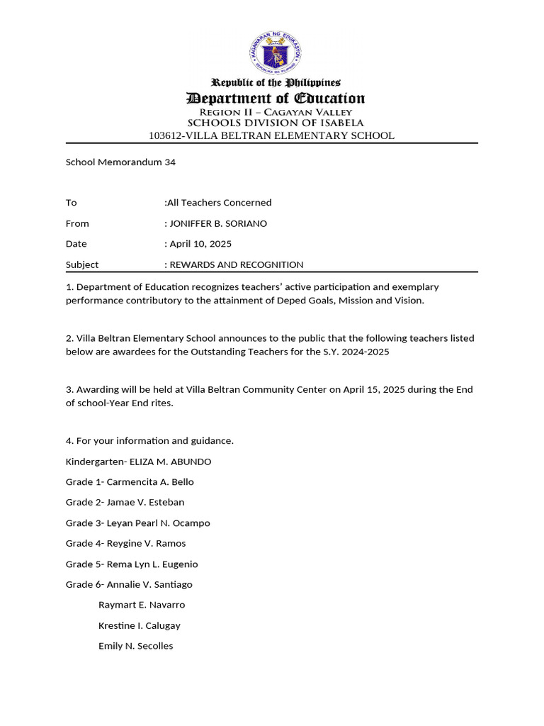 memo rewards and recognition vbes | PDF