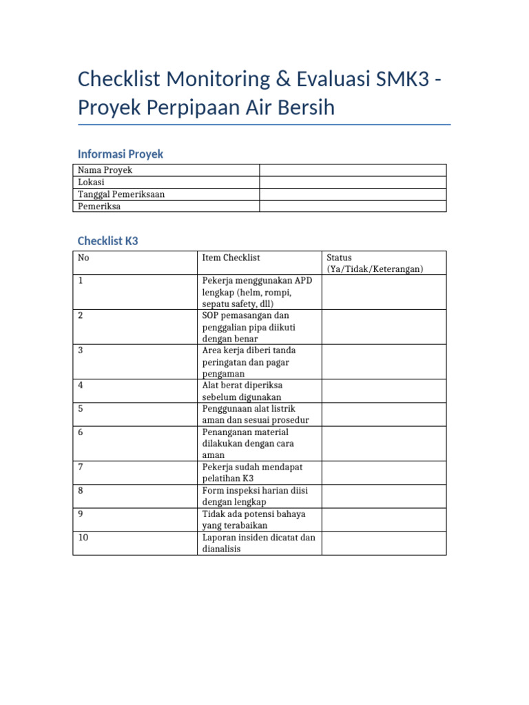 Checklist Monev SMK3 Perpipaan | PDF