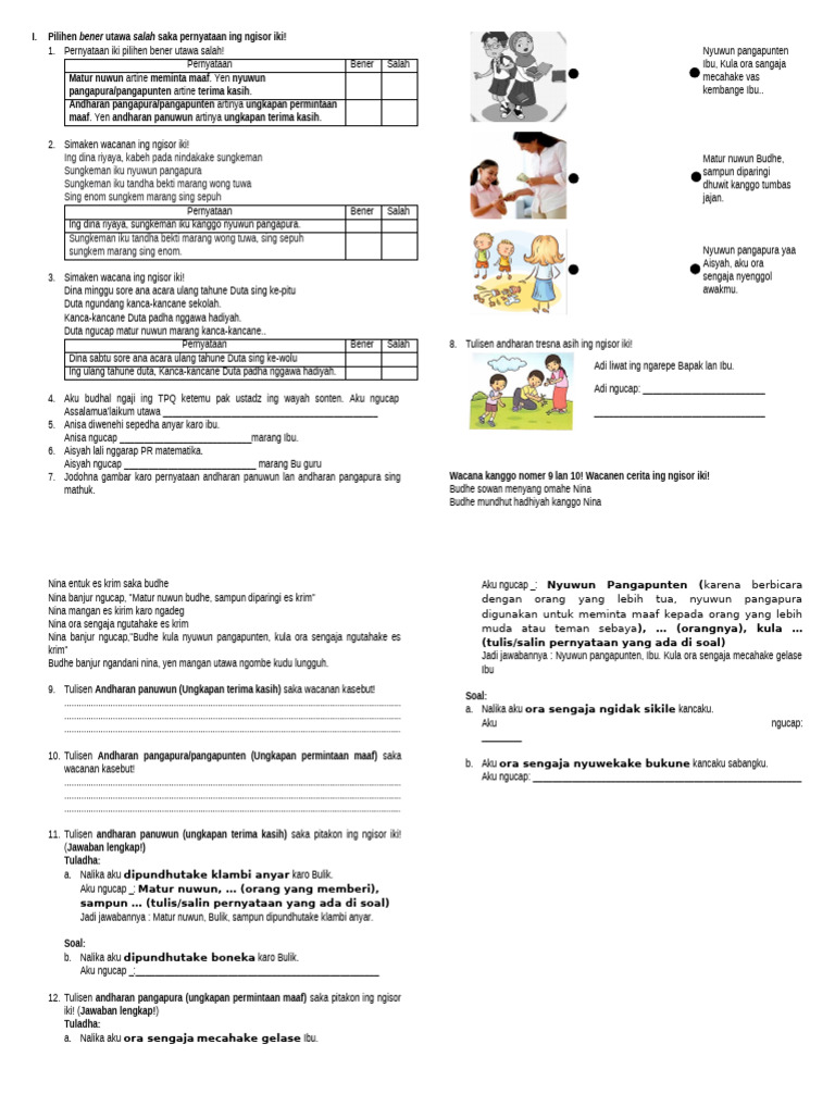 Latihan Soal Javanese STS 2 Kelas 1 2324 | PDF