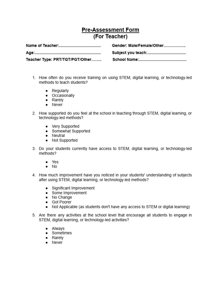 For Teacher (Pre-Assessment Form) | PDF