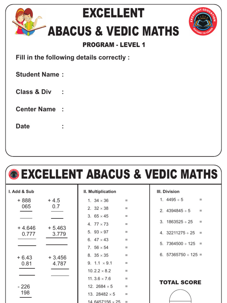 Level 1 Abacus Math Exam Paper | PDF