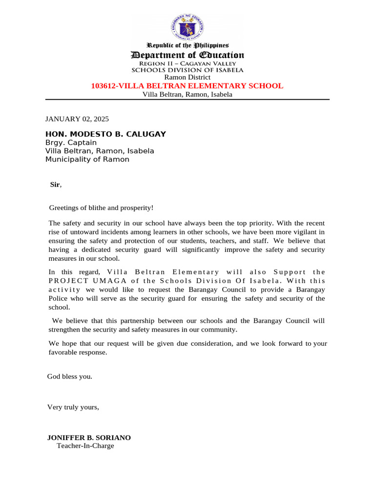 request letter for security guard and MOA FOR PROJECT UMAGA | PDF ...