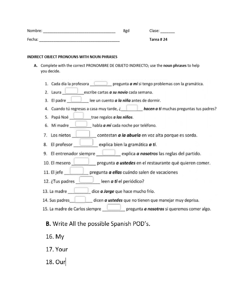 Siddhi Navadeep - 802 Tarea 24 INDIRECT OBJECT PRONOUNS With NOUN ...
