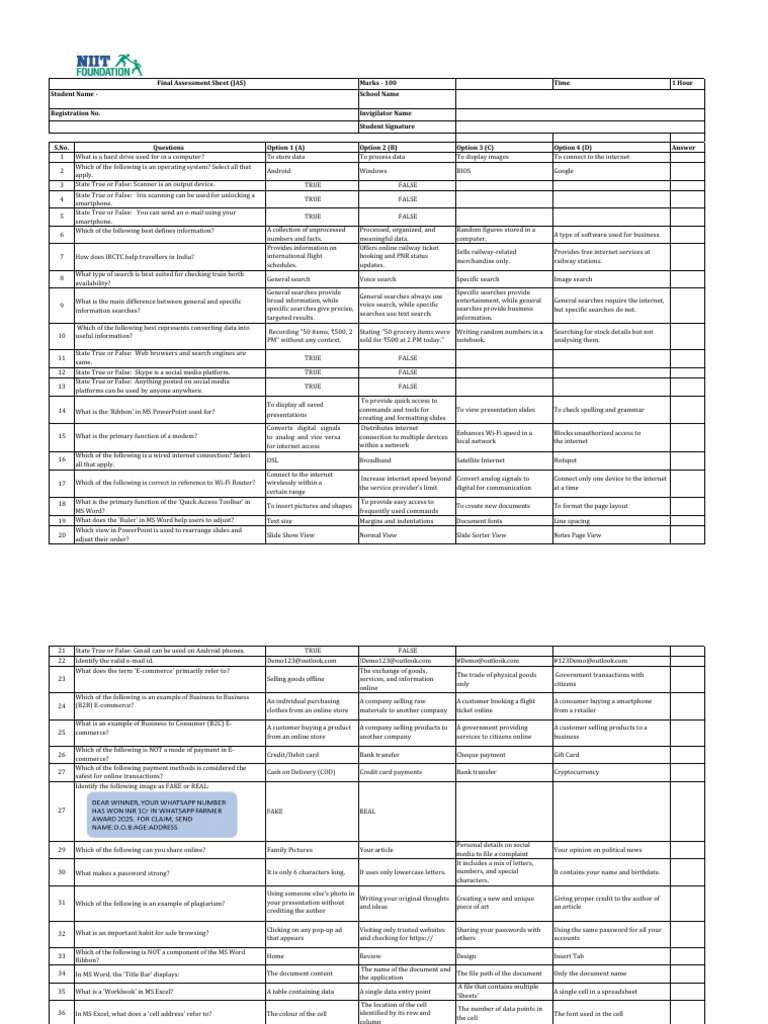Computer Basics Assessment Questions | PDF | Microsoft Excel | Internet