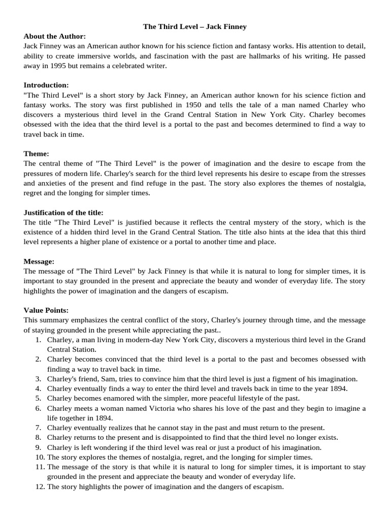 Notes Class 12 - The Third Level Notes | PDF