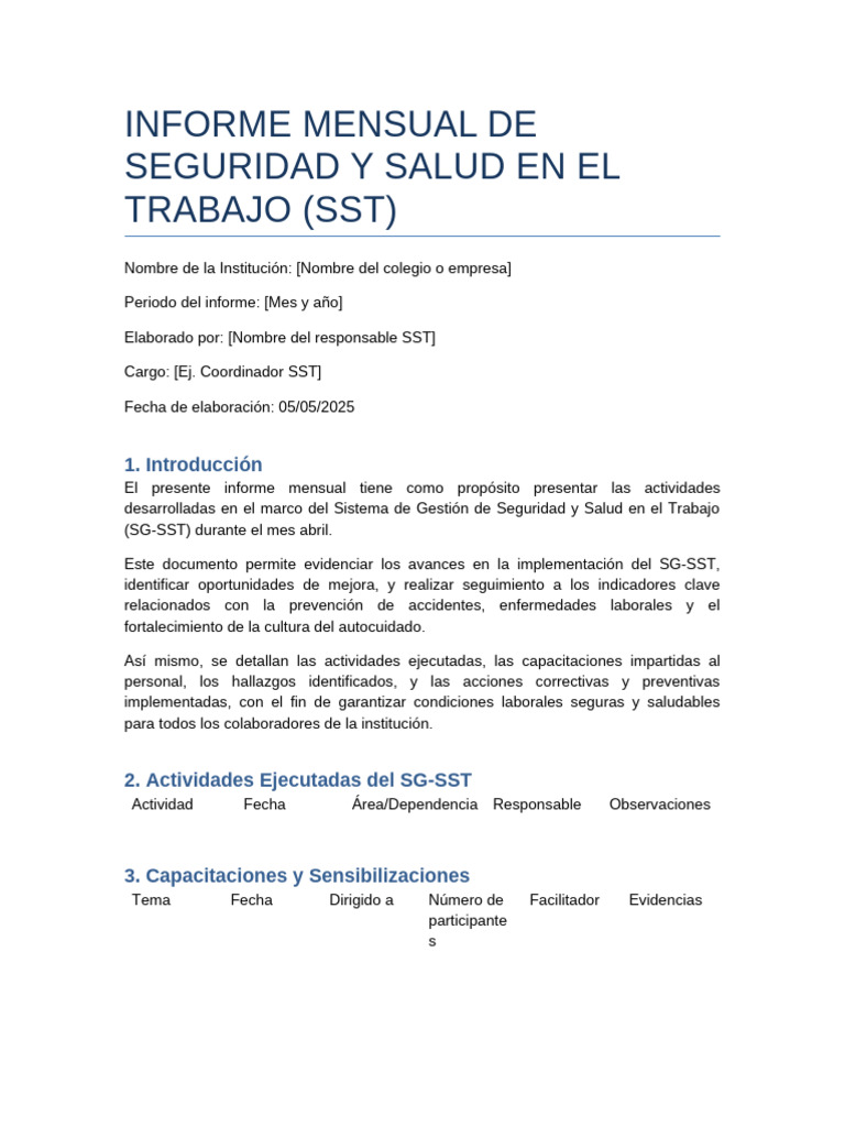 Informe Mensual SST Modelo | PDF