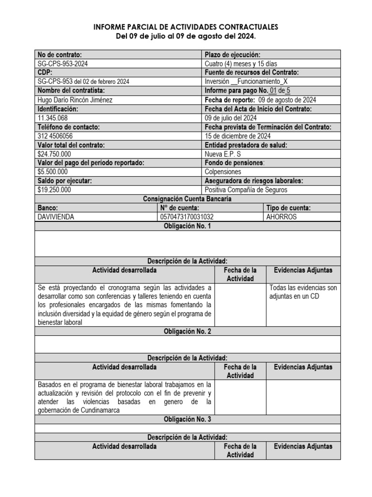 Informe Personal de Actividades Pago XXX Cont SG Cps XXX 2024 | PDF
