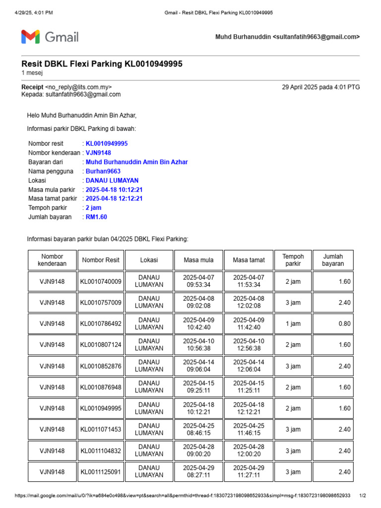 Resit Parkir Flexi DBKL April 2025 | PDF