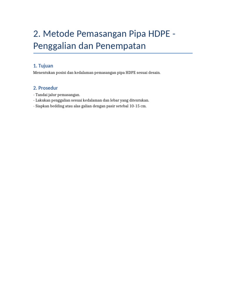 Metode Pemasangan Pipa HDPE - Penggalian Dan Penempatan | PDF
