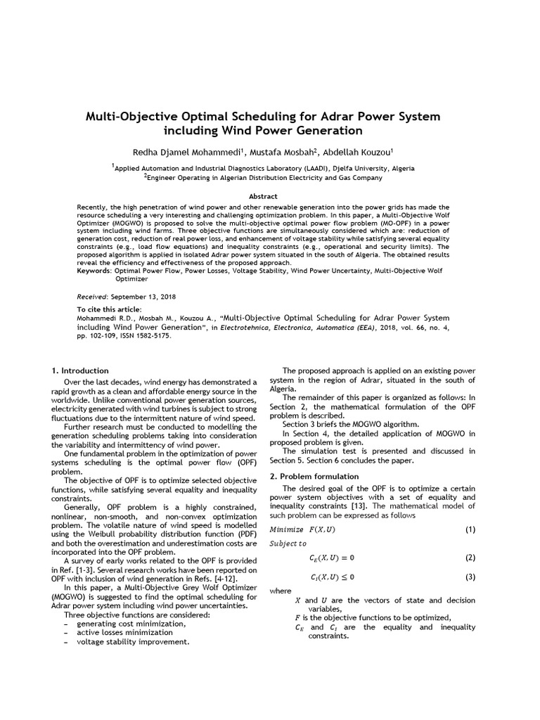 Multi-Objective Optimal Scheduling For Adrar Power System Including ...