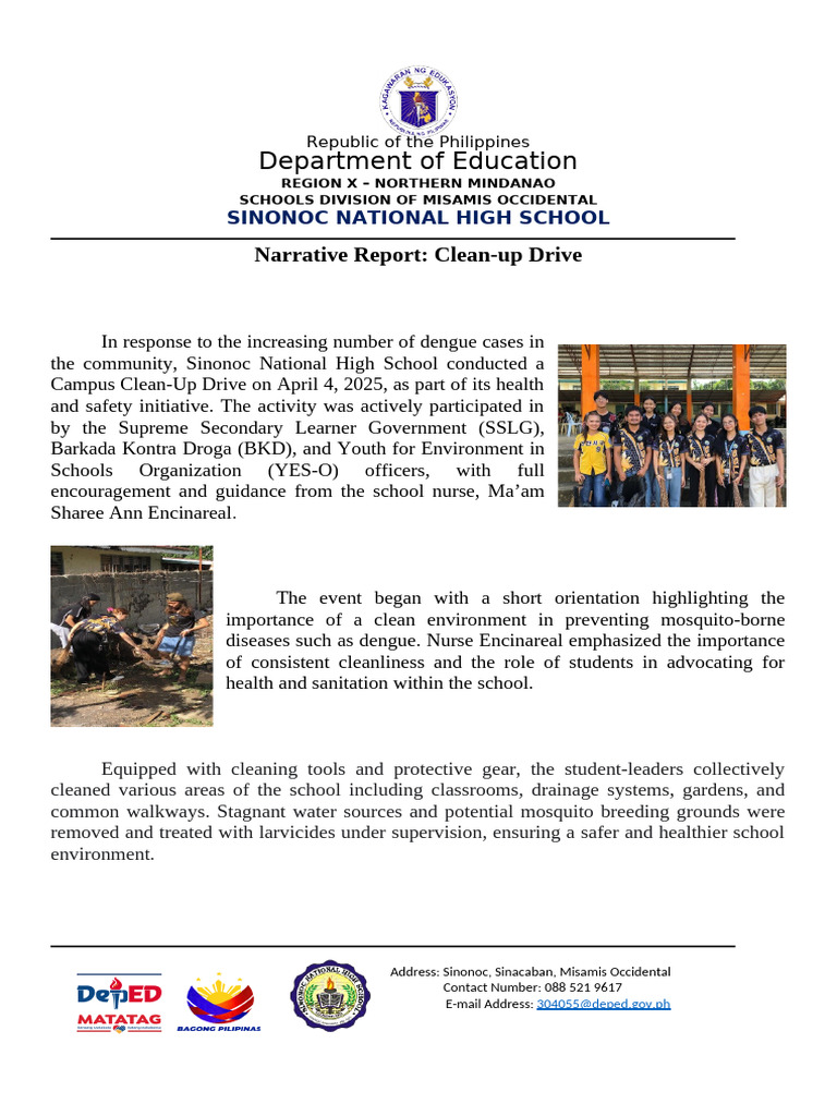 Sinonoc High School Clean-Up Drive Report | PDF