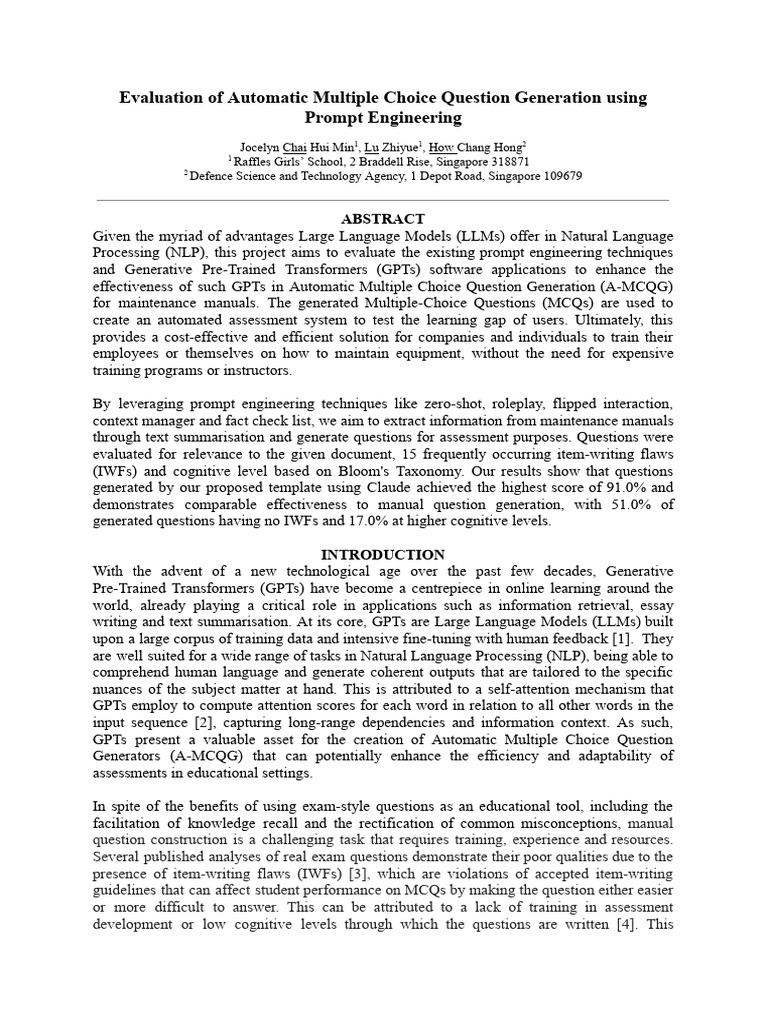 Evaluation Of Automatic Multiple Choice Question Generation Using Prompt Engineering Pdf