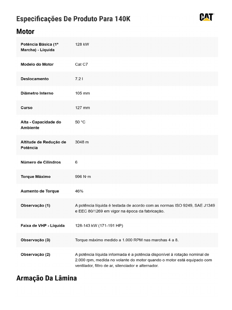 Ficha Tecnica Motoniveladora Caterpillar 140K | PDF
