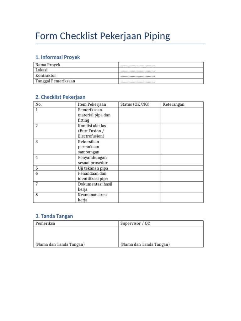 Form Checklist Pekerjaan Piping | PDF
