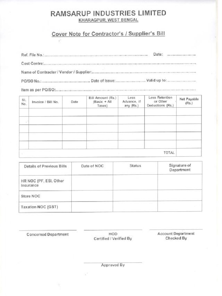 Cover Note For Bill | PDF