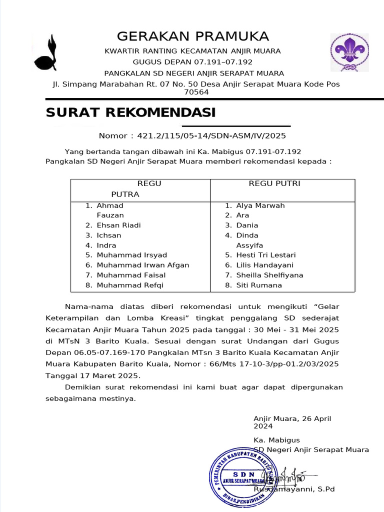Surat Rekomendasi Pramuka | PDF