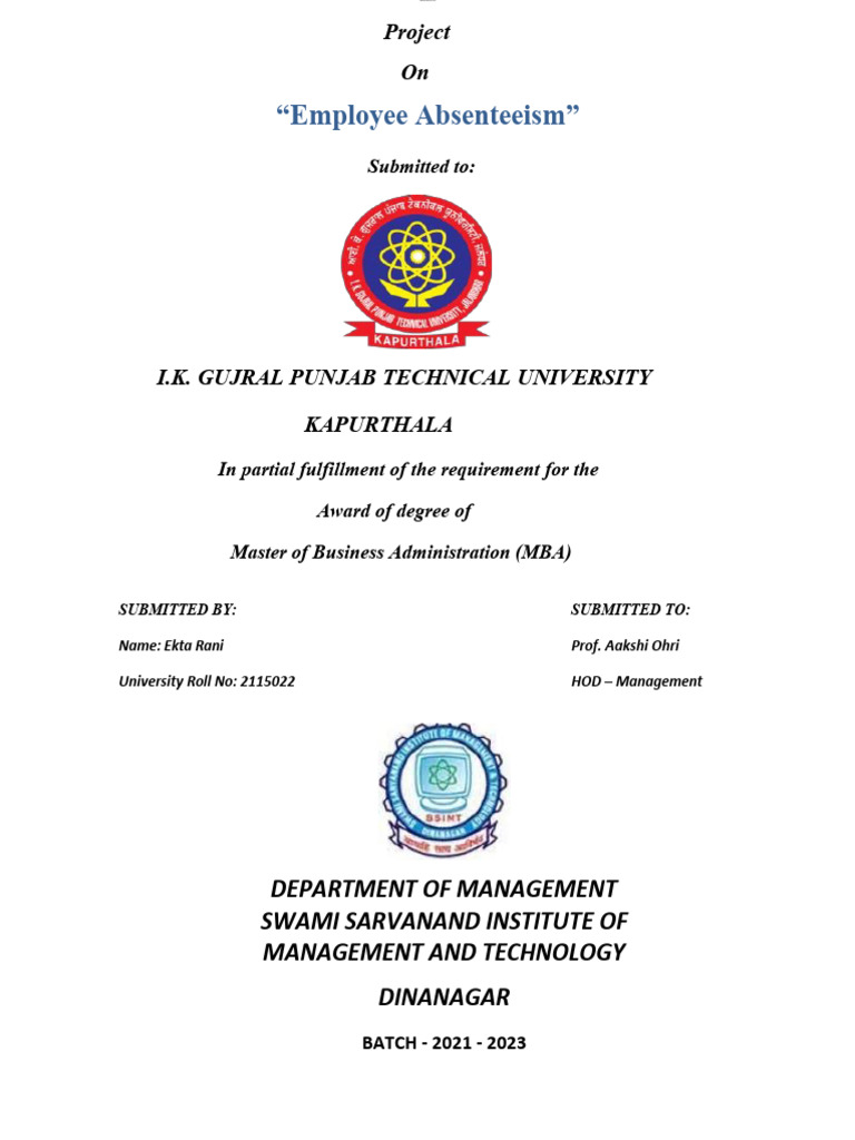 A Project Report On Employee Absenteeism | PDF | Business