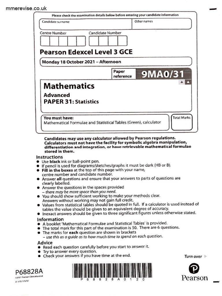Edexcel Nov 2021 A Level Maths Paper 31 Stats | PDF | Statistics ...