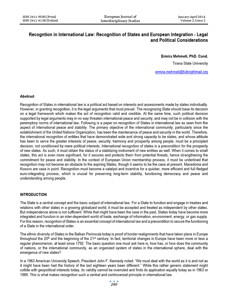 Recogntion in International Law- Recognition of States and European ...
