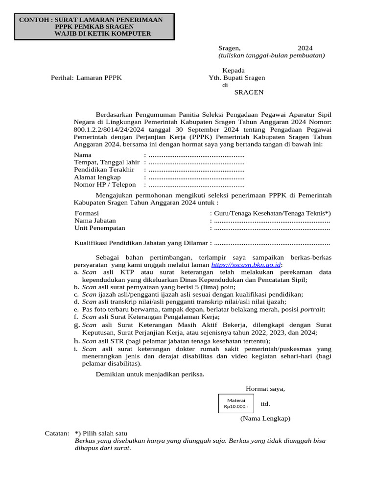 Contoh Surat Lamaran PPPK - 1 | PDF