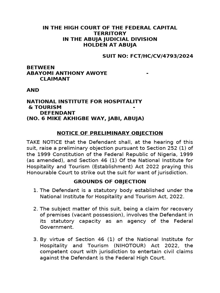 Notice of Preliminary Objection Nihotour | PDF | Jurisdiction | Legal ...