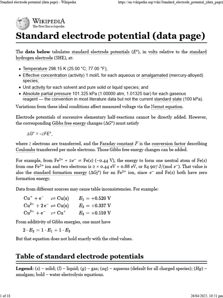 Standard Electrode Potential (Data Page) - Wikipedia | PDF | Chemical ...
