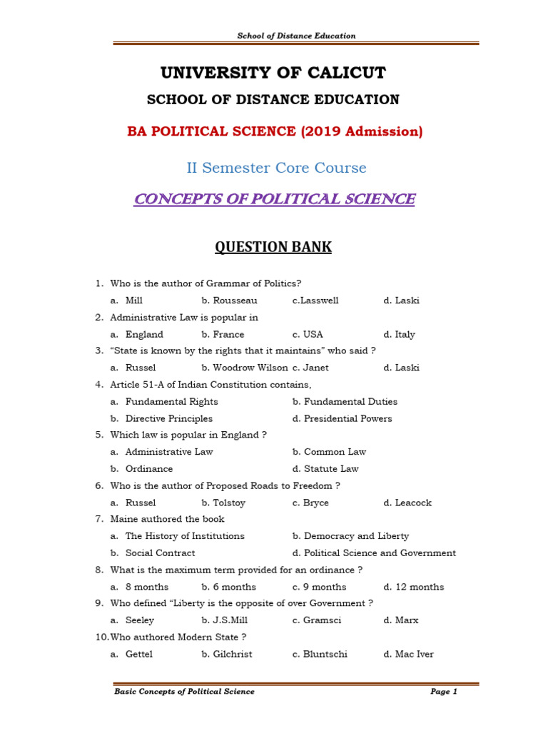 MCQ - Concept of Political Science - 2019 Admn. | PDF | Liberty | Feminism