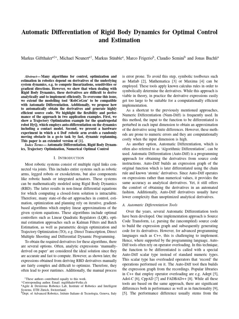 Giftthaler Et Al - 2017 - Automatic Differentiation of Rigid Body Dynamics For Optimal Control ...