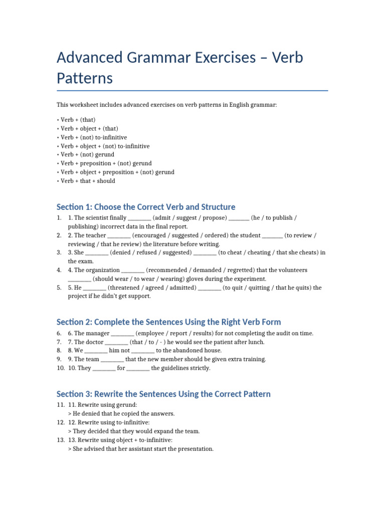 Verb Patterns Exercises With Answers | PDF | Verb | Object (Grammar)