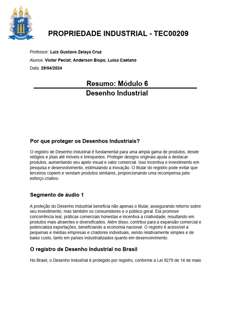 6. VAL - Resumo: Módulo 6 - Desenho Industrial | PDF | Patente | Direitos Autorais