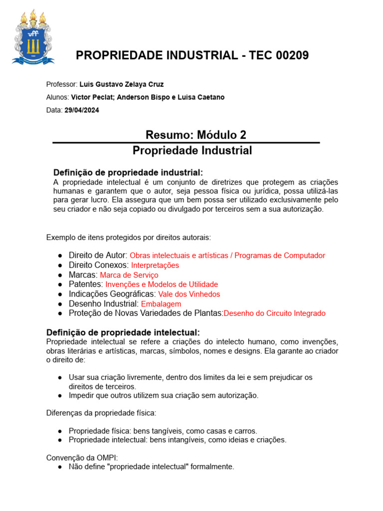 VAL - Resumo: Módulo 2 - Propriedade Industrial | PDF | Propriedade intelectual | Direitos Autorais
