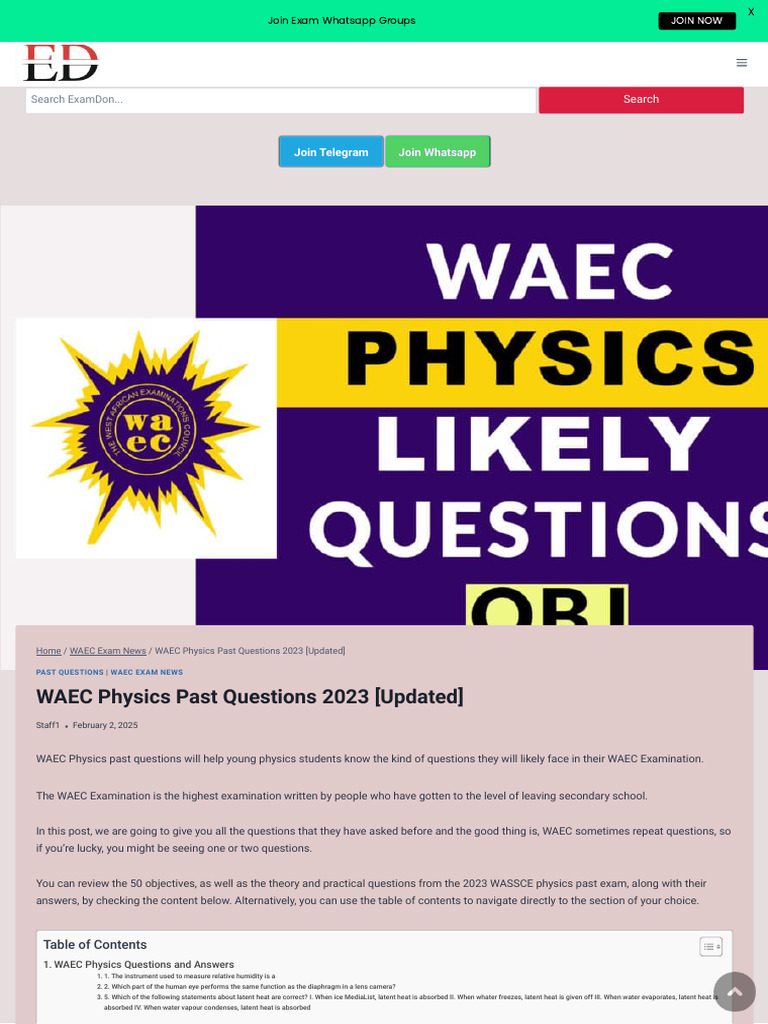 WAECPhysicsPastQuestions2023 (Updated) ExamDon 1739296431342 | PDF ...