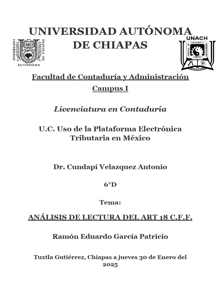 ANALISIS DE LECTURA DEL ART 18 C.F.F. Ramón Eduardo García Patricio. 6°D. | PDF