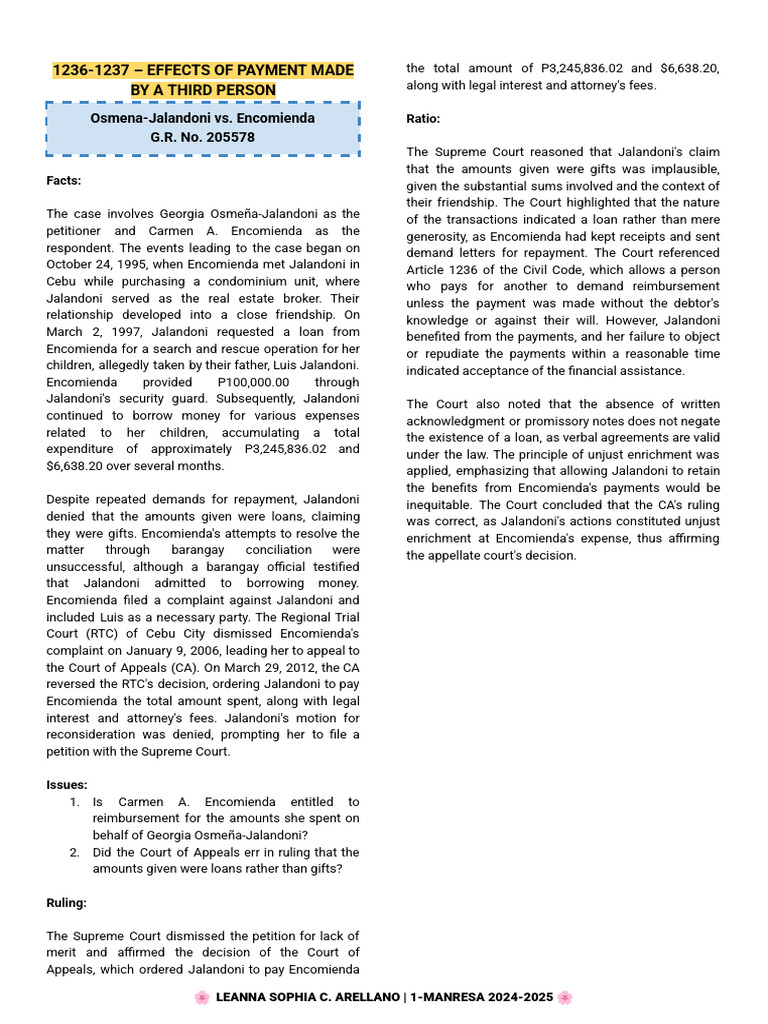 Oblicon - 1236 Case Digest - Osmena-Jalandoni vs. Encomienda | PDF | Appeal | Loans
