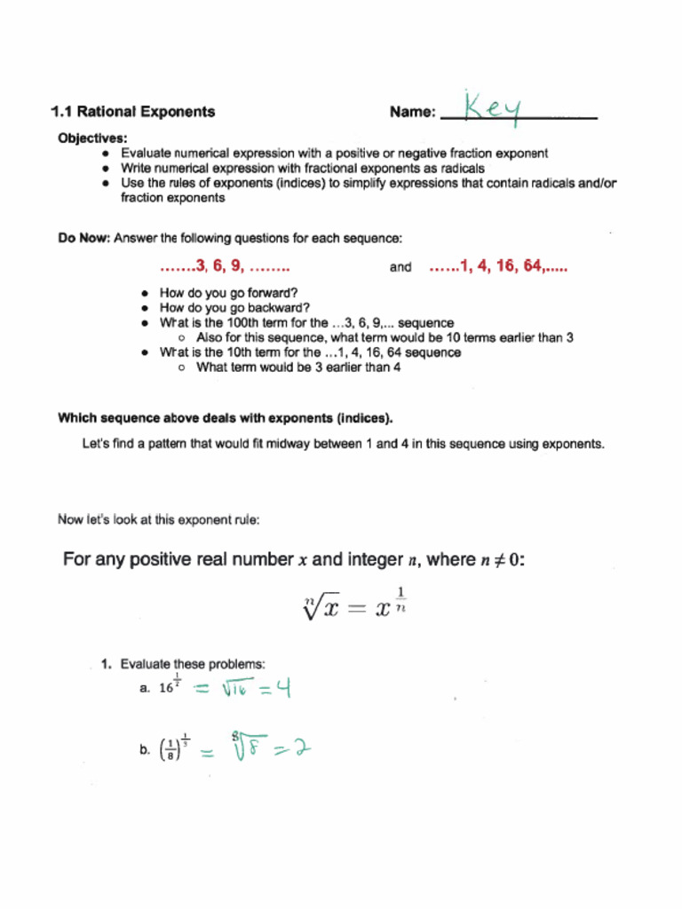 1.1 Rational Exponents Key | PDF