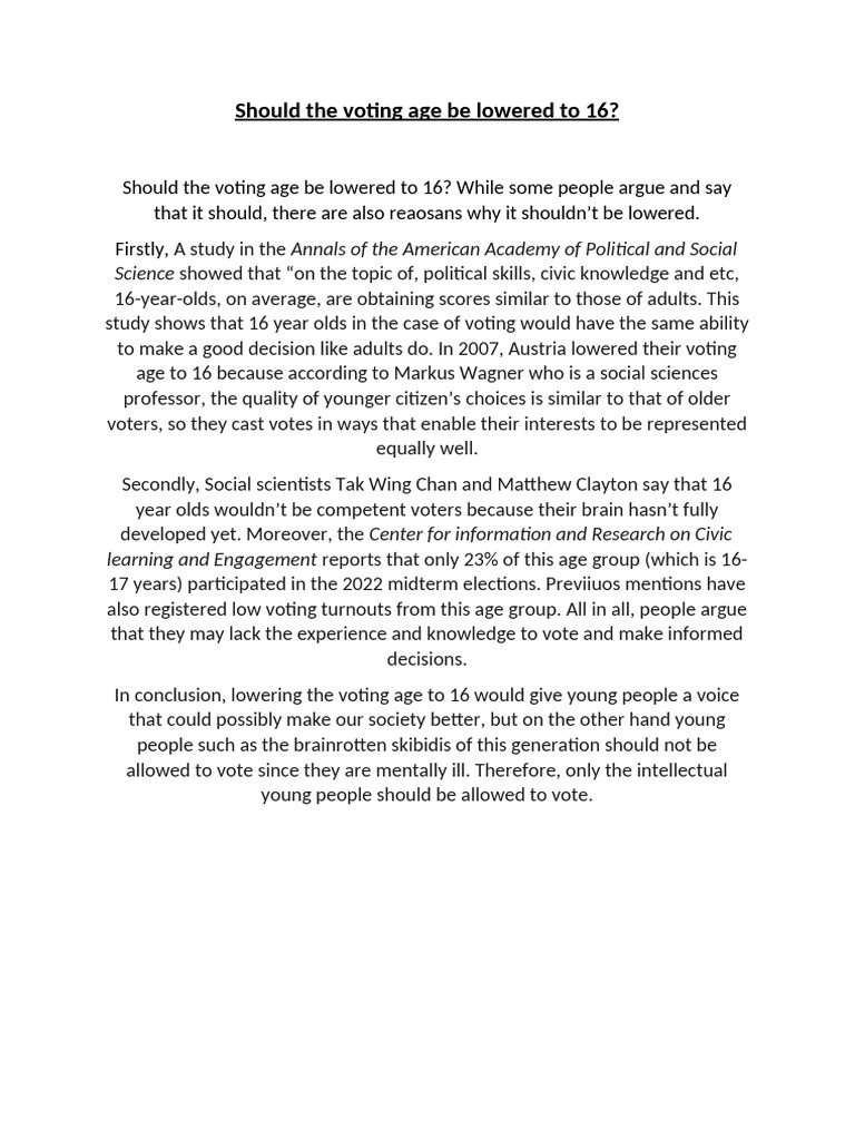 Arguments for Lowering Voting Age to 16 | PDF