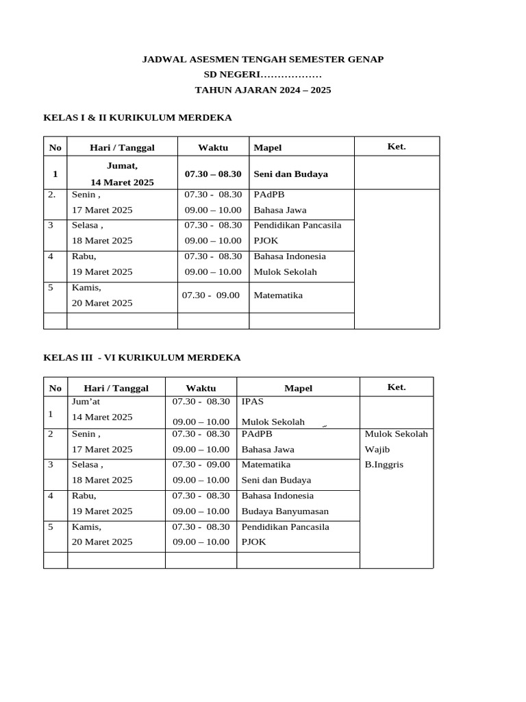 Jadwal Ats II SD Wangon 2025 | PDF