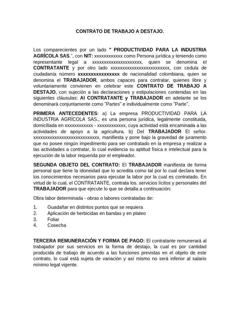 Contrato de Trabajo a Destajo Agrícola | PDF