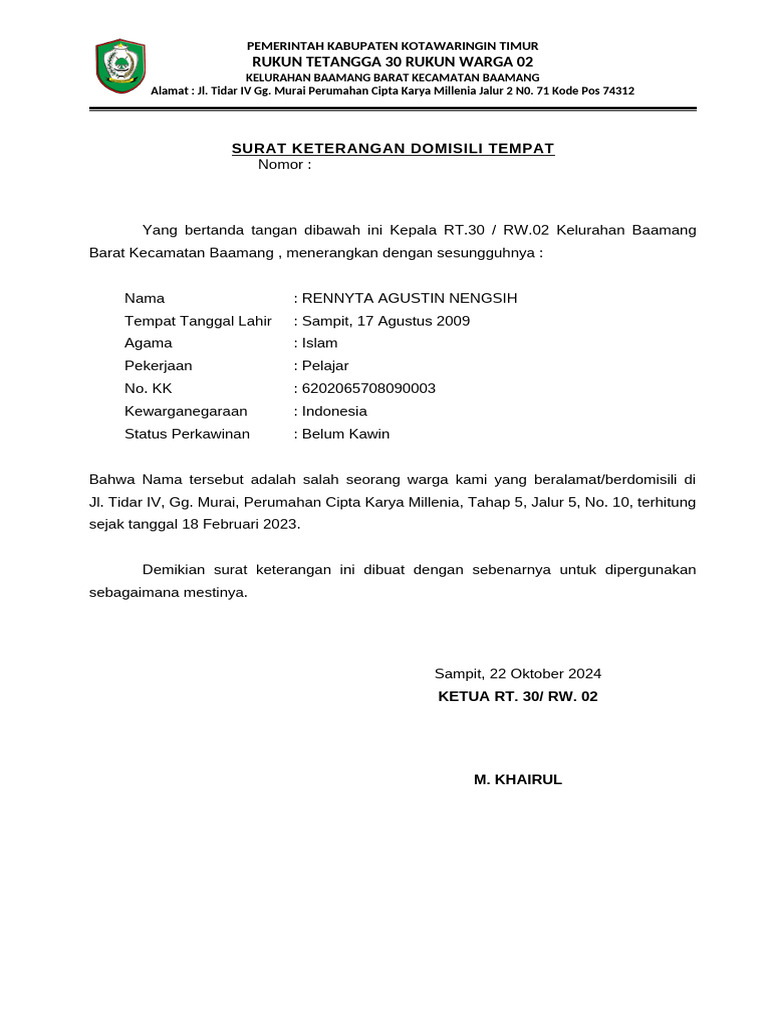 Surat Keterangan Domisili Rennyta | PDF