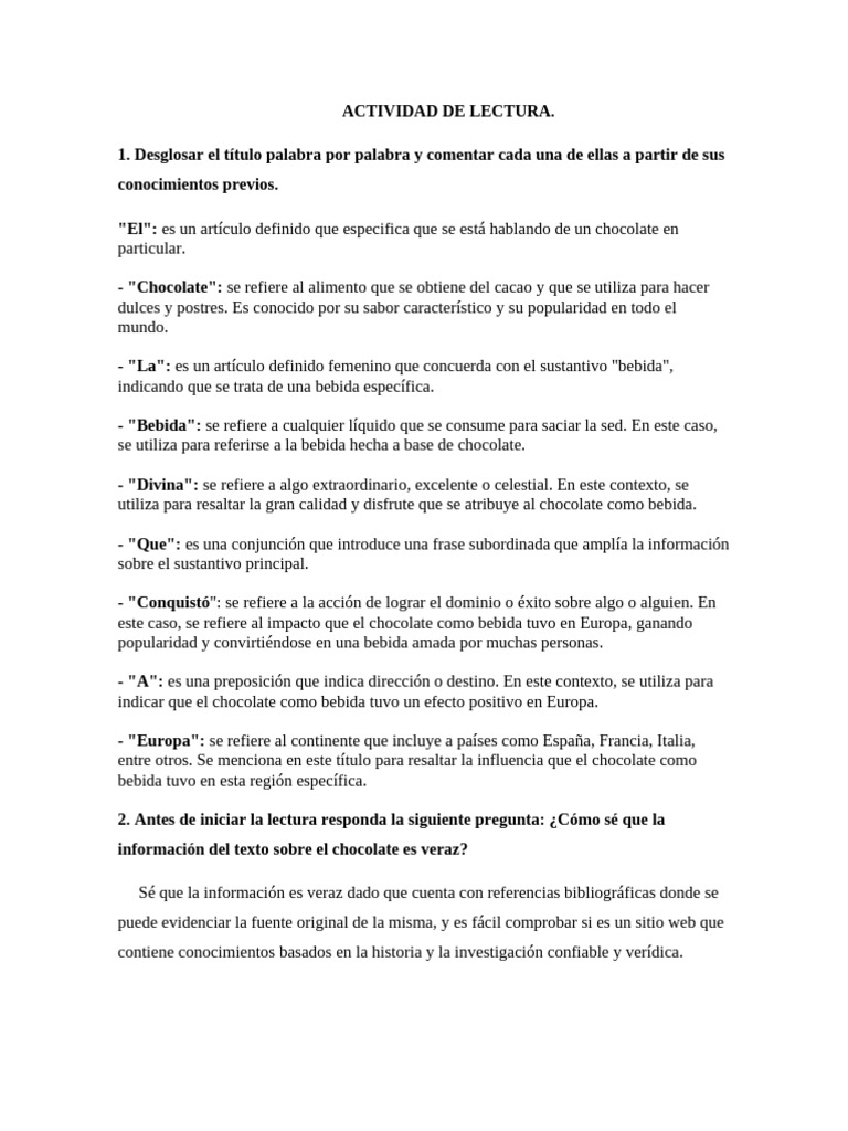 Actividad de Lectura | PDF | Chocolate