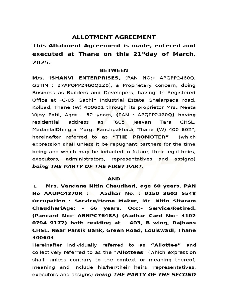 2025-03-20 Allotment Agreement 603 Chaudhari | PDF