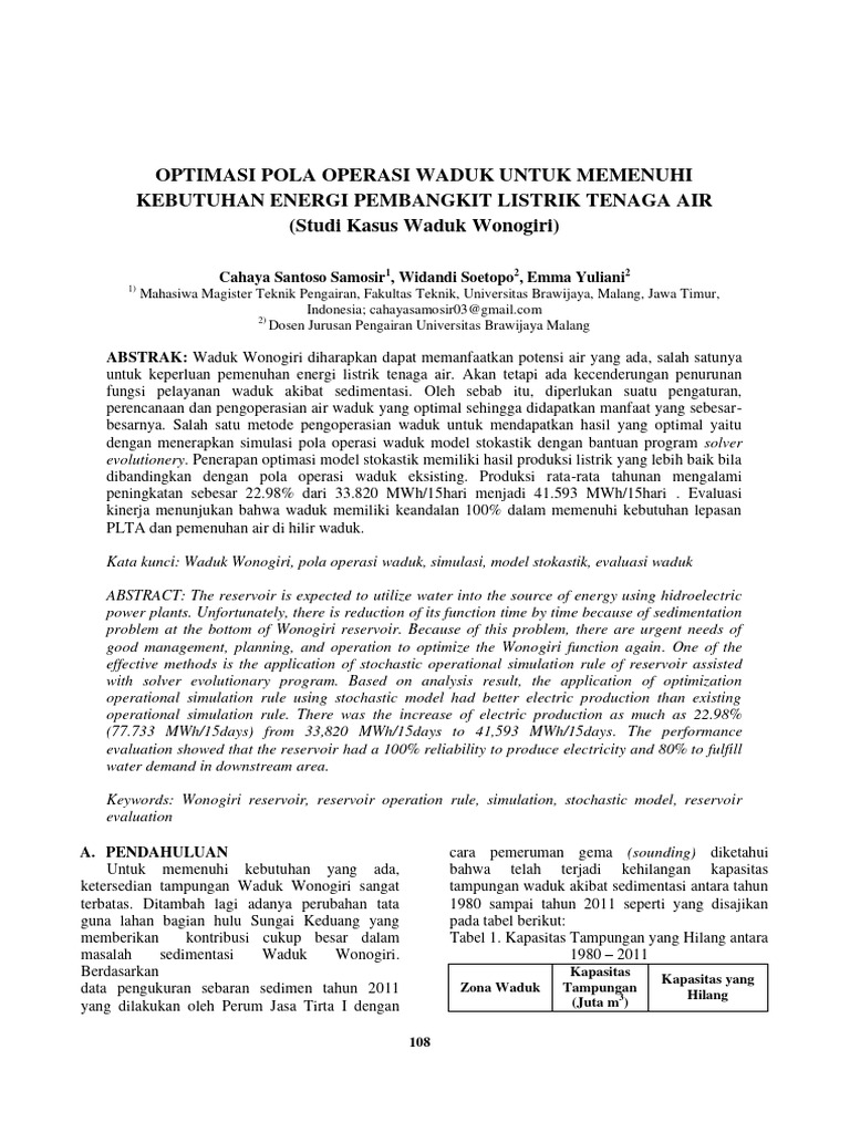 Optimasi Pola Operasi Waduk Untuk Memenu | PDF