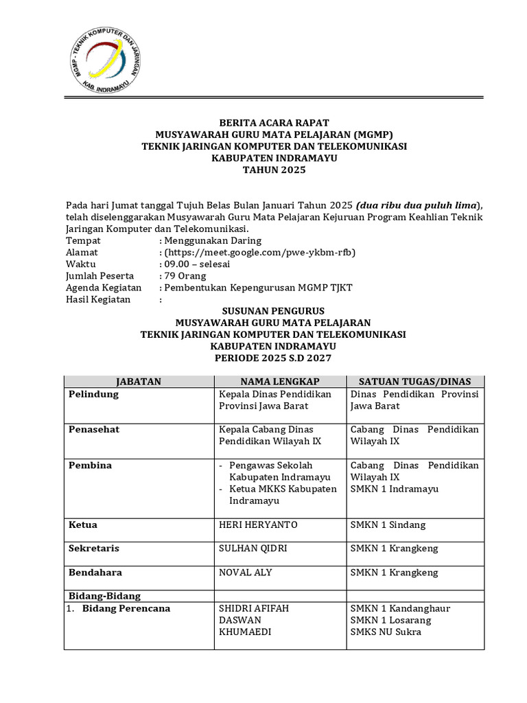 Berita Acara Rapat Pemilihan Pengurus MGMP TJKT 2025 S.D. 2027 | PDF