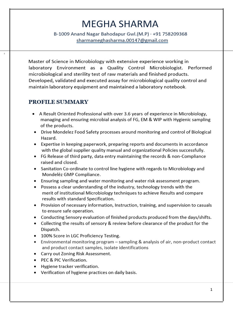 Microbiologist Megha CV - Final Version V2 | PDF | Laboratories | Food Safety