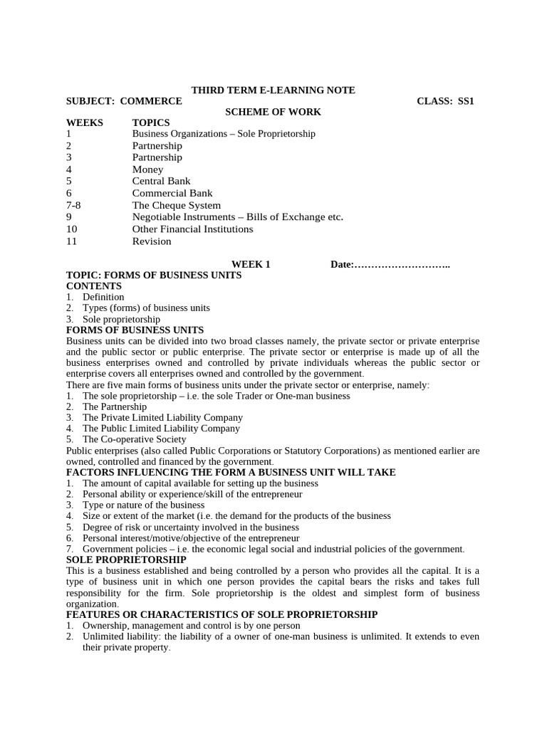 SS1 Cmmerce Third Term E-Note | PDF | Partnership | Cheque